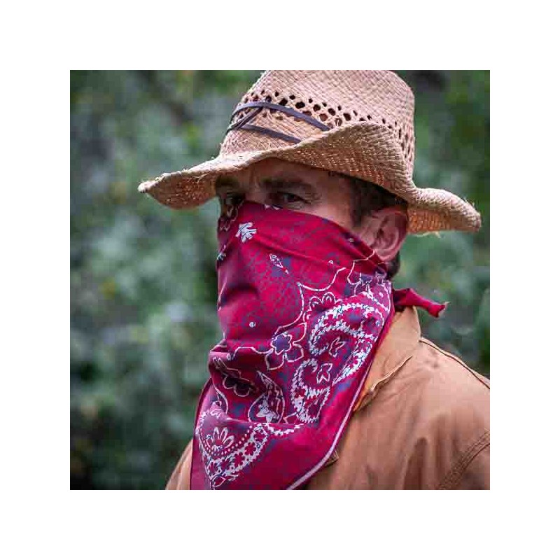 A large format red and blue bandana with a traditional pattern