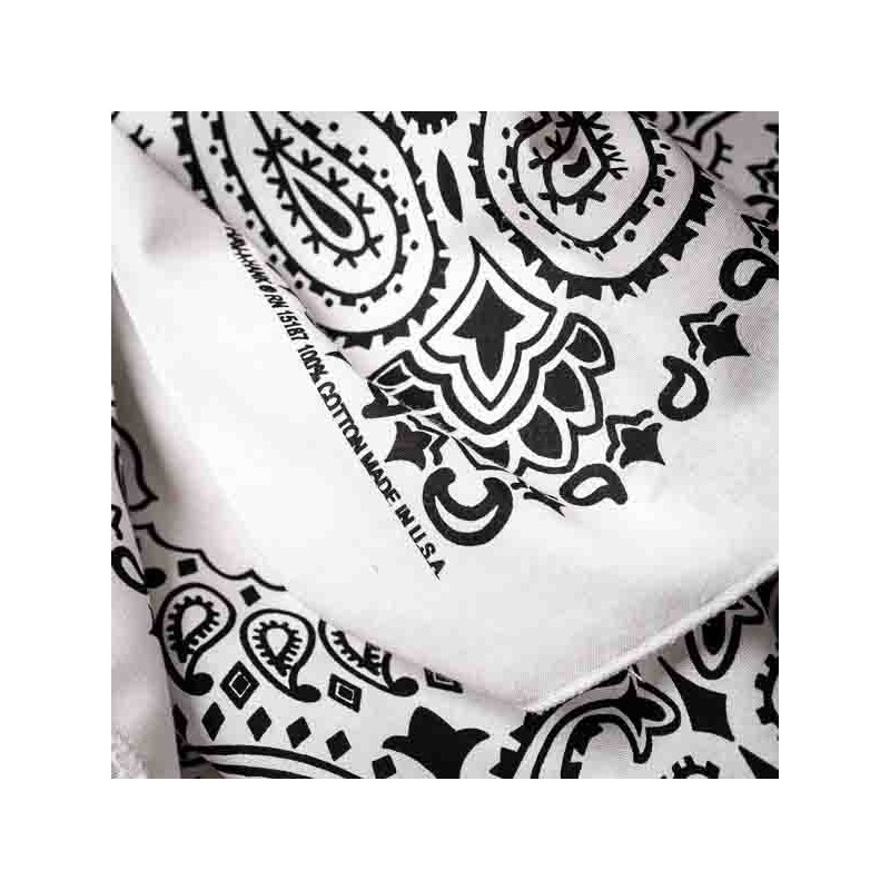 A XXL White bandana with a traditional black pattern MADE IN USA